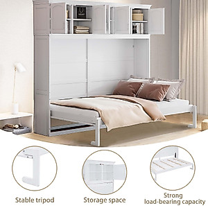 Firscook Queen Size Murphy Bed Wall Bed with Top Storage Shelves,Solid Wood Wall Bed, Multi-Functional Folding Bed Cabinet Night/Day Furniture, Space-Saving and Sturdy Slat Support, White
