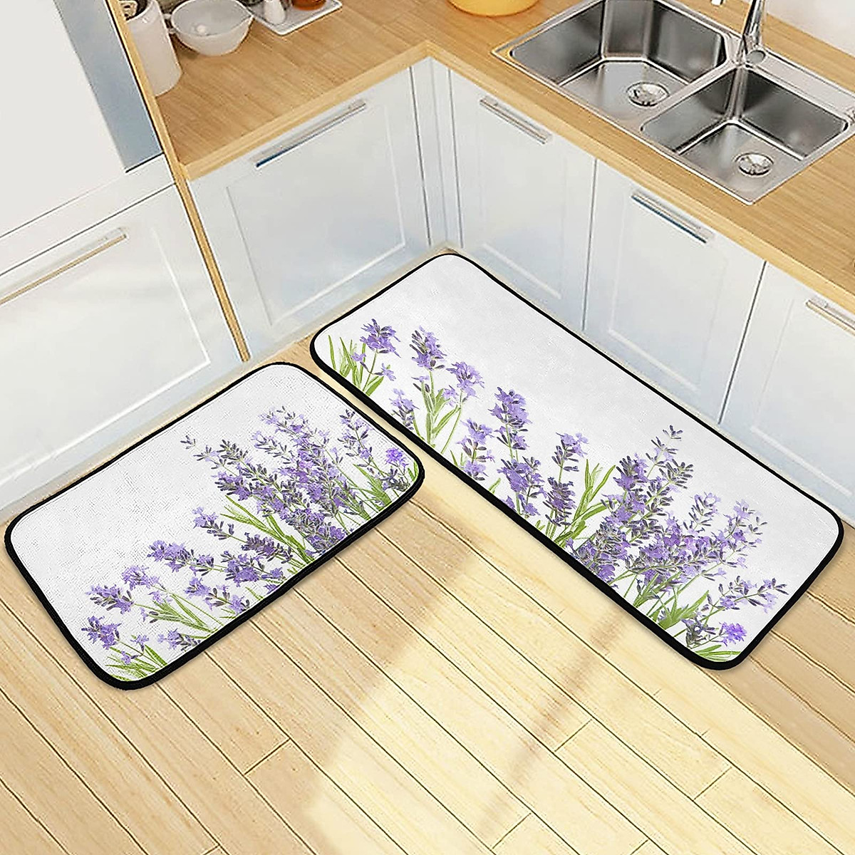 ALAZA Lavender Flower Watercolor 2 Piece Kitchen Rug Floor Mat Set Runner Rugs Non-Slip for Kitchen Laundry Office 20" x 28" + 20" x 48"