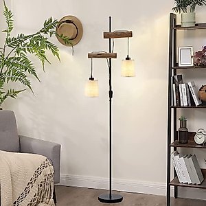 Floor Lamps for Living Room,Farmhouse Industrial Floor Lamps,68 Inch 2 Lights Wood Standing Lamp,Sturdy Base Tall Vintage Pole Light, Metal Black Floor Lamps Bedroom Office Rustic Home (Brown)