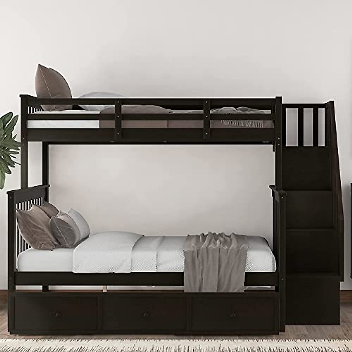 Twin Over Full Bunk Bed with Storage Drawer, Wood Bunk Beds with Stairway, Storage Shelf and Full-Length Guard Rail, Kids bunk Bed Twin Over Full, No Box Spring Needed (Espresso)