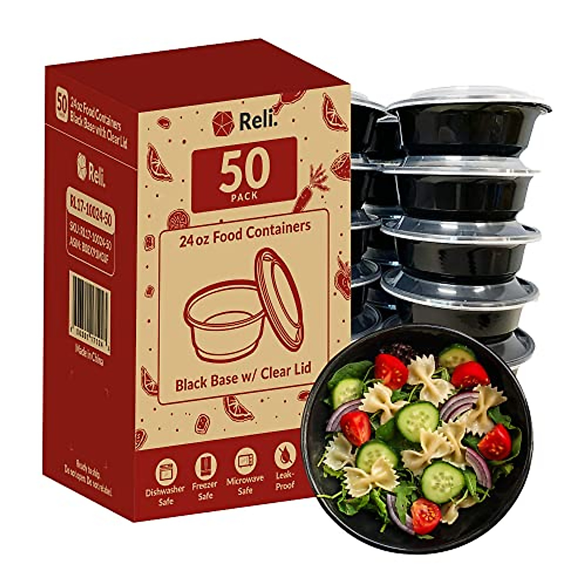 Reli. Meal Prep Container Bowls, 24 oz. | 50 Pack | Round Meal Prep Containers with Lids | Reusable 24 oz Bowls/Food Containers | Microwavable Bowls with Lids, Black Food Storage Containers | Black