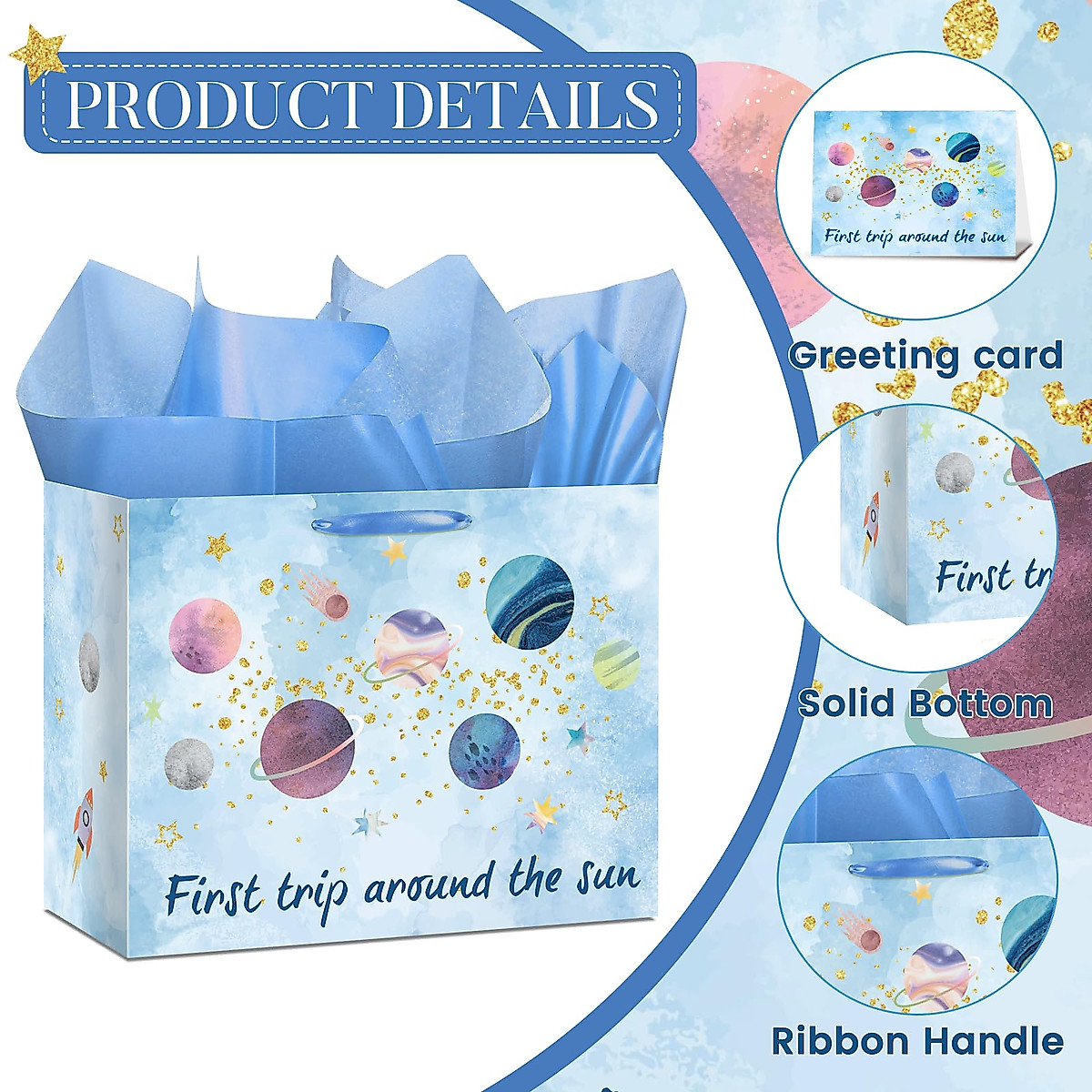 Baby Boy Gift Bags First Trip Around The Sun Decoration Galaxy Space 1st Birthday Wrapping Paper Bag Planet One Year Old Greeting Card Tissue Papers for Boys Baby Shower Party Favors Decor Supplies