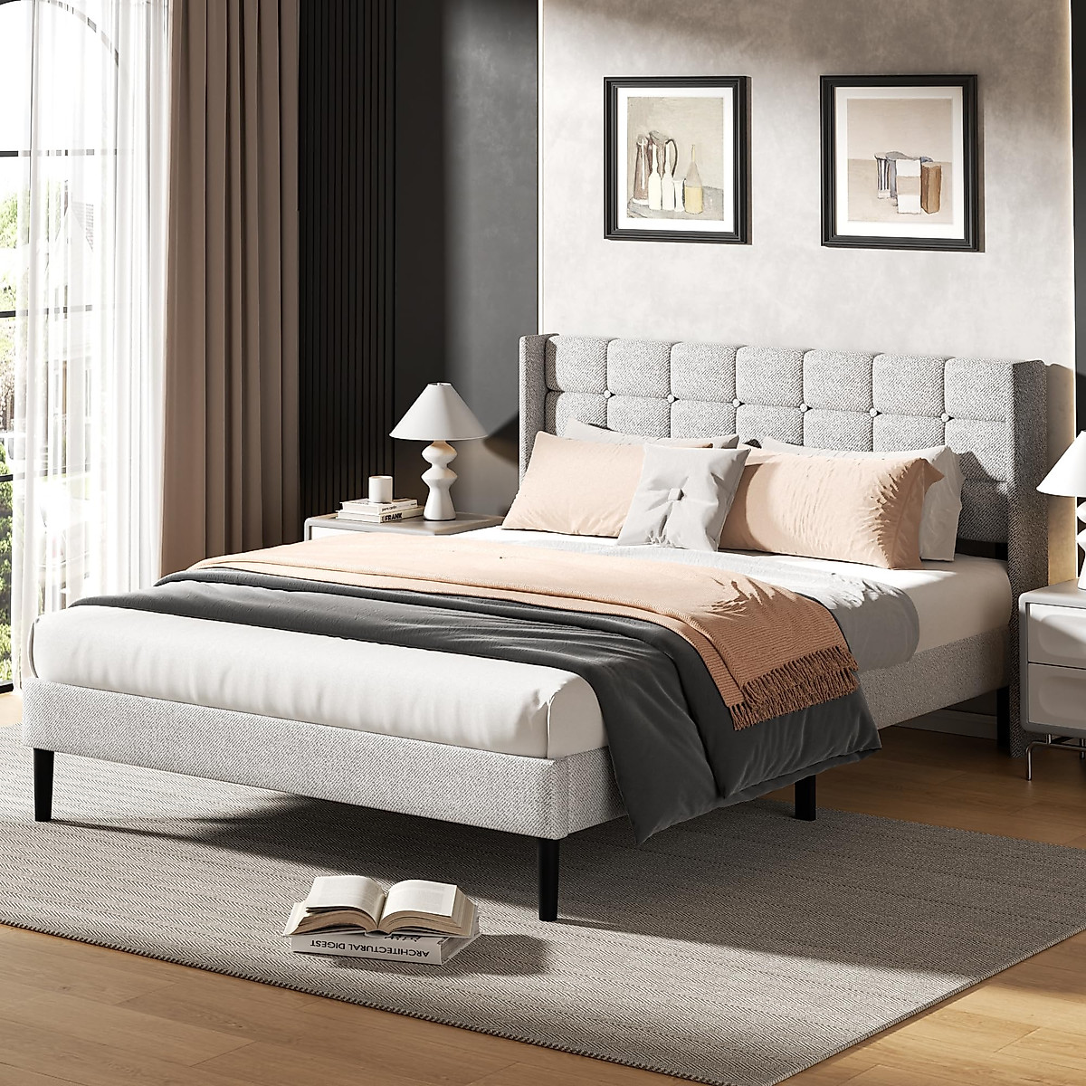 CXVX Full Size Platform Bed Frame with Upholstered Headboard and Wingback, Mattress Foundation with Wooden Slat Support, No Box Spring Needed, Easy Assembly, Noise Free, Light Grey