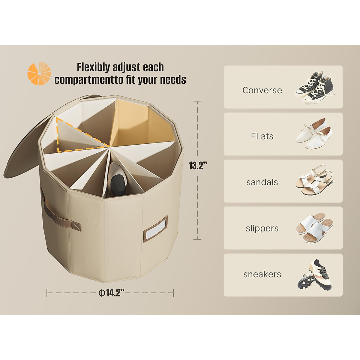 Vailando Shoe Organizer for Closet - Cylindrical Shoe Storage Organizer with Adjustable Dividers for Closet, Foldable, Beige, 1-Pack