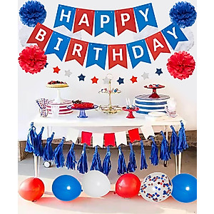 Blue White and Red Birthday Decorations, Patriotic Party Supplies Kit for Men Women Boys Grils, Happy Birthday Banner Paper Pompoms Red Blue Confetti Balloons Star Streamer for 4th of July Baseball