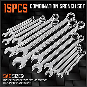 HORUSDY 15-Piece SAE Wrench Set, V Notch Premium Combination Wrenchs Set, SAE 1/4" to 1", Max Torque, 12-Point, Chrome Vanadium Steel, with Storage Rack
