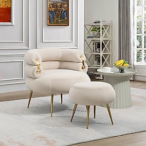 Antetek Modern Velvet Accent Chair with Ottoman, Upholstered Sofa Chair with Stylish Golden Decor, Comfy Arm Chair Leisure Lounge Chair for Living Room, Bedroom, Office, Beige