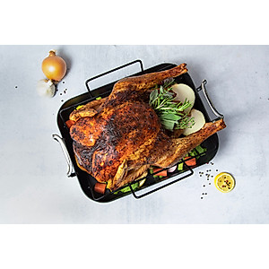 Turkey Roasting Pan, By Kook, Hard Anodized Roaster, Non stick, with Metal Rack and Stainless Steel Handles, 17 Inches from Handle to Handle (Grey)