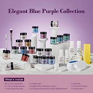 31Pcs Dip Nails Powder Starter Kit, AZUREBEAUTY 20 Colors Purple Blue Glitter Dipping Powder Recycling Tray Liquid Set with Base Top Coat Activator for French Nails Art Manicure DIY Home Salon