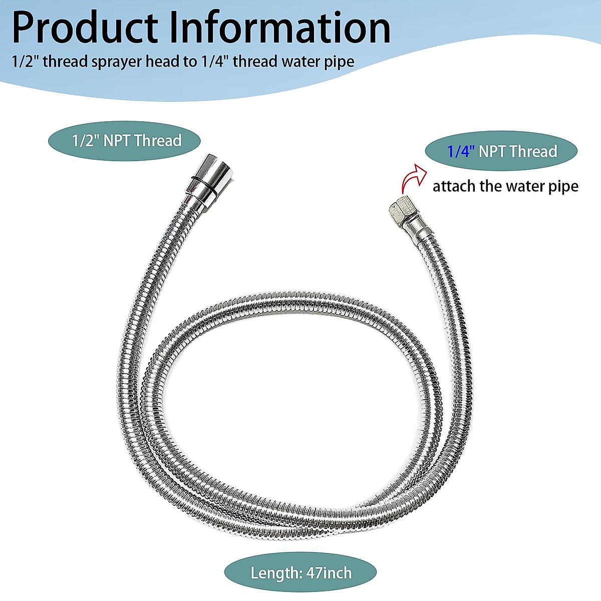 2 Packs Shampoo Bowl Hose, 1/2" Thread to 1/4" Thread Nut Stainless Steel Shampoo Hose for Professional Salon Shampoo Bowl, Sink Faucet and Sprayer Head Replacement Part