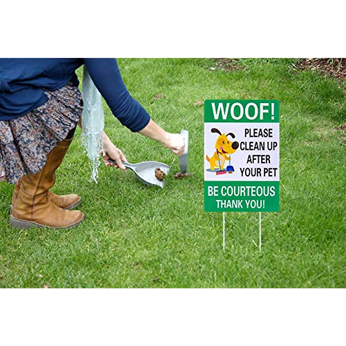 WaaHome Pack of 2 Double Sided Woof Please Clean Up After Your Pet Yard Signs with Stakes, 8"X12" Funny No Poop Pee Dog Yard Sign Lawn Sign