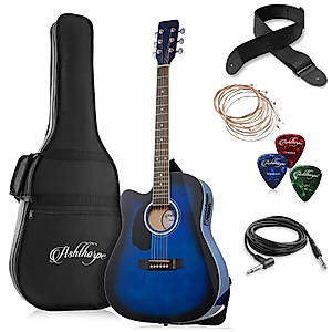 Ashthorpe Full-Size Left-Handed Dreadnought Cutaway Acoustic-Electric Guitar Bundle - Premium Tonewoods - Natural