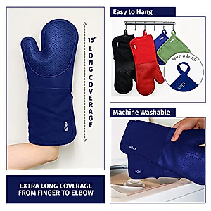 Klex Extra Long Silicone Oven Mitts and Pot Holders, 932°F Degrees Heat Resistance with Quilted Liner Oven Gloves and Hot Pads, 4 Piece Set, 15 inch, Blue