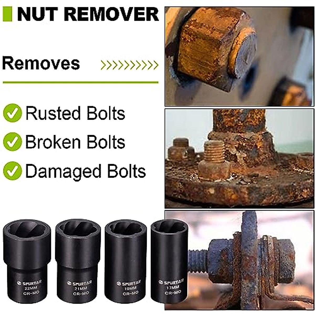 Spurtar 5 Pcs Twist Socket Set, Stripped Lug Nut Remover Wheel Lock Removal Kit Extractor Set for Removing Damaged, Dead, Rusted, Rounded-Off Bolts, Nuts & Screws-17MM,19MM, 21MM, 22MM