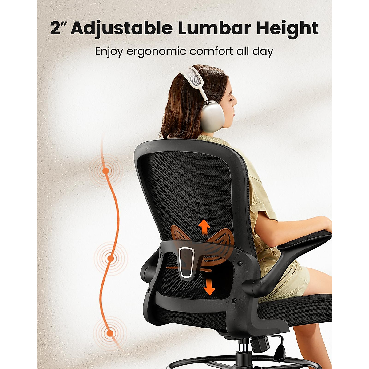 ErGear Drafting Chair, Standing Desk Chair with Flip-Up Armrests, High Desk Chair Adjustable Height, Ergonomic Tall Office Chair with Lumbar Support and Adjustable Footrest Ring