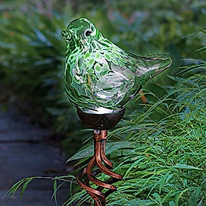 Exhart Garden Solar Lights, Decorative LED Bird Garden Stake, Hand Blown Glass and Metal Outdoor Decoration, Green, 5.5 x 31 Inch