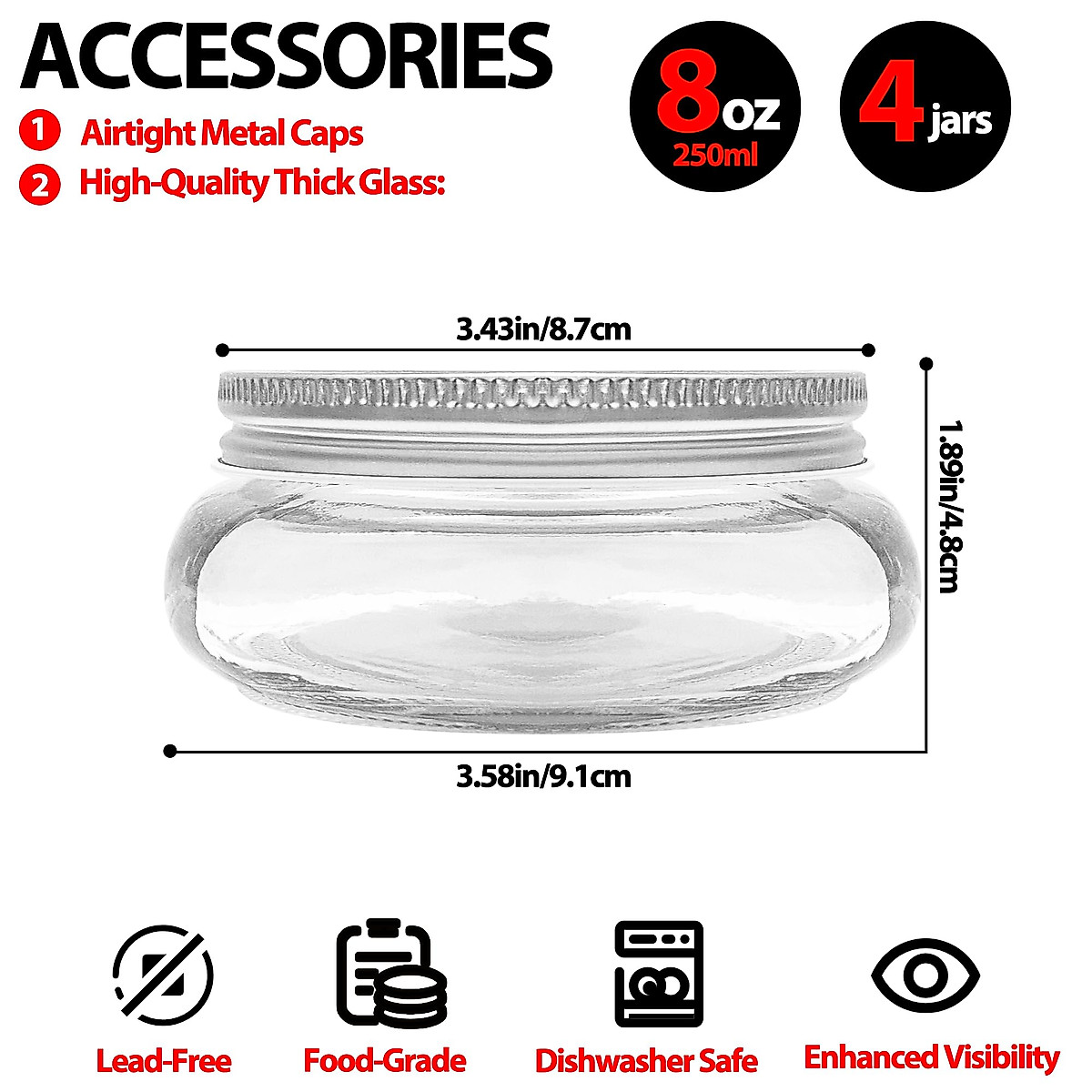 CHGShine Wide Mouth Mason Jar 8 oz for Pickling, Shea Butter Body Butter, Canning, Candles, Fruit Preserves, Jam or Jelly - Glass jar with Lids 8pc