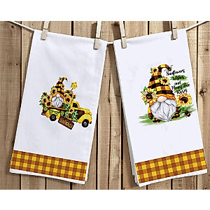Set of 2 Sunflower Gnome Kitchen Dish Towel 18 x 28 Inch, Seasonal Spring Summer Buffalo Plaid Sunflower Truck Tea Towels Dish Cloth for Cooking Baking
