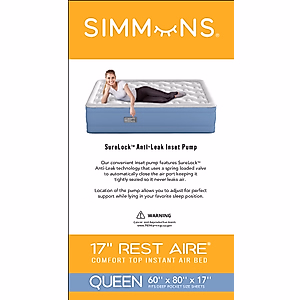 Simmons Rest Aire Mattress Air Bed with Side Built-in Pump and Soft Velveteen Topper, 17" Queen
