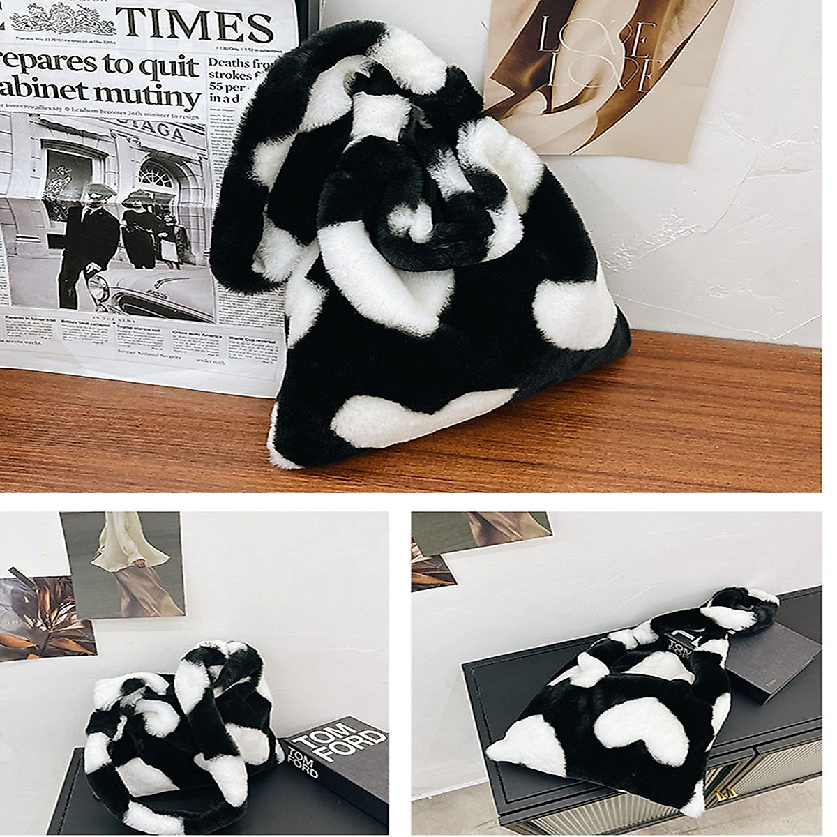 SUVIA Women Girls Fluffy Plush Shoulder Bag Large Cute Fashion Flower Handbag Soft Warm Dating Shopping Underarm Purse (B: White Hearts), medium