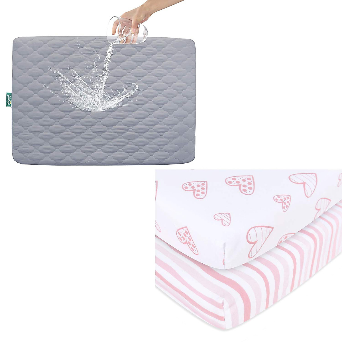 Pack n Play Mattress Protector Waterproof and Pack n Play Playard Mattress Sheets 2 Pack, 100% Jersey Knit Egyptian Cotton Stretchy Portable Mini Crib Sheets or Playpen Sheets