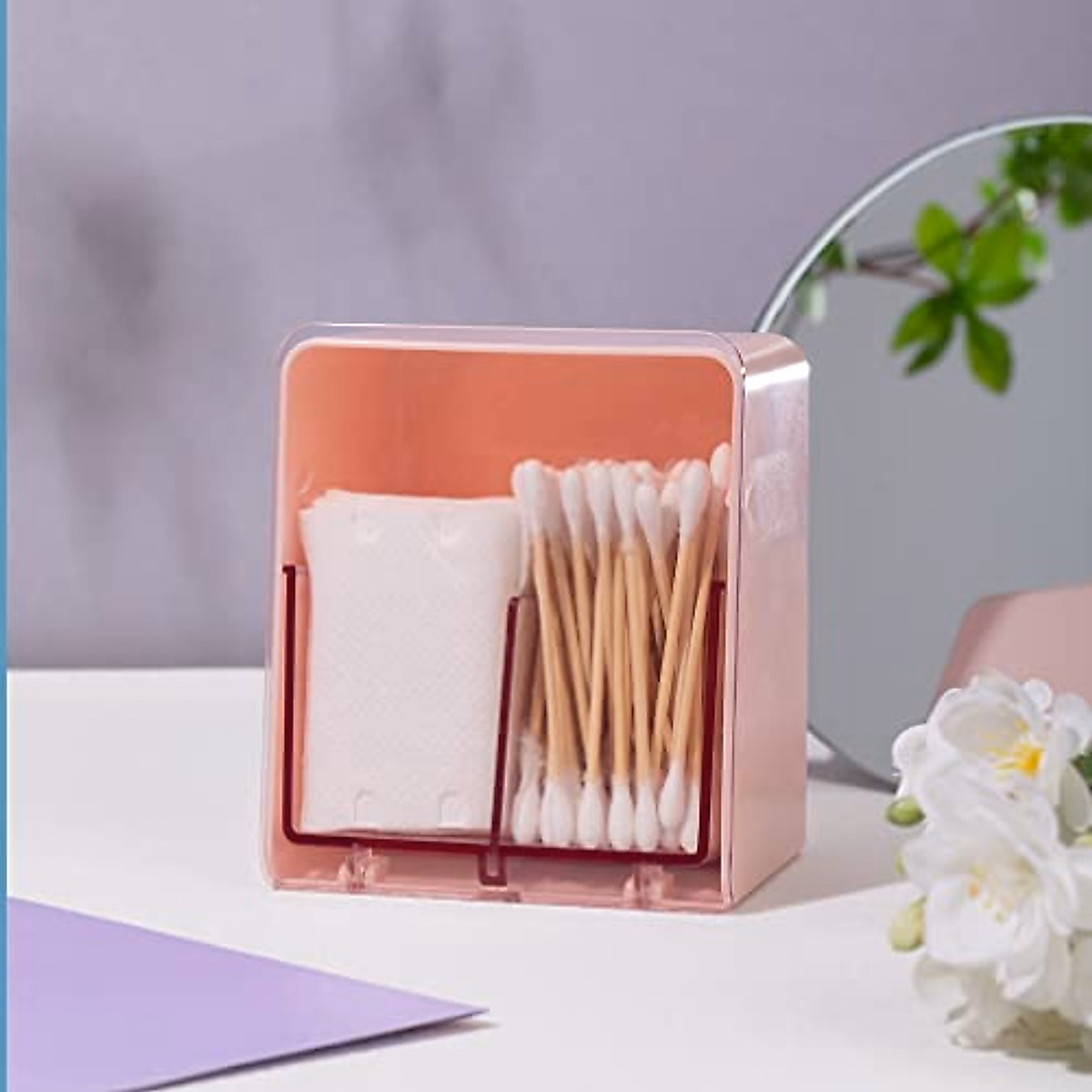 Obsoorth Qtip Cotton Pad Holder Dispenser Clear Cotton Ball and Swab Organizer Plastic Cotton Round Container Set with Hinged Lid Press Out for Home Bathroom Storage Small Things, 2 Sections (Pink)