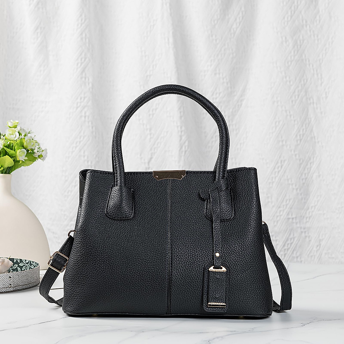 Covelin Women's Top-handle Cross Body Handbag Middle Size Purse Durable Leather Tote Bag Black