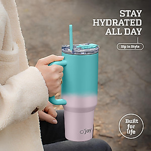 O'JAY 40oz Stainless Steel Insulated Travel Mug - Leak-Proof Straw Lid, Cupholder Friendly, Dreamy Green-Pink