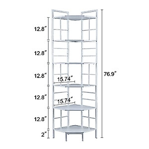 HOMISSUE 6 Tier Industrial Corner Shelf Unit, 76.9” Tall Corner Bookcase Storage Display Organizer Storage Stand for Home Office White