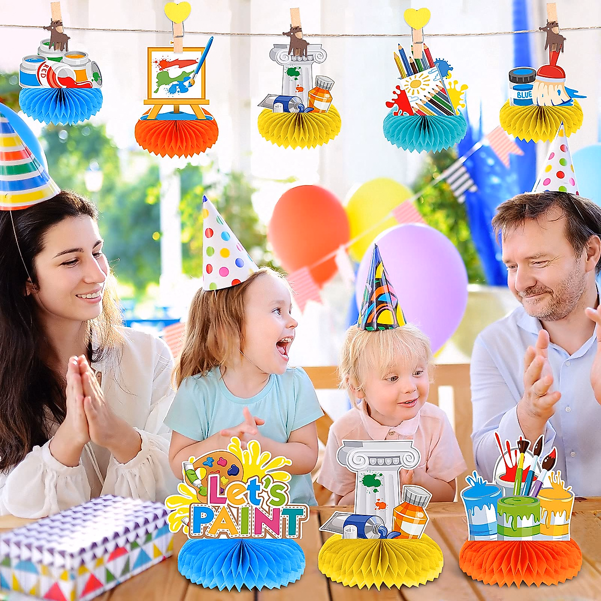 Gersoniel 9 Pieces Paint Party Decorations Art Honeycomb Centerpiece Paint Splatter Party Supplies for Art Painting Theme Birthday Party Baby Shower Decorations