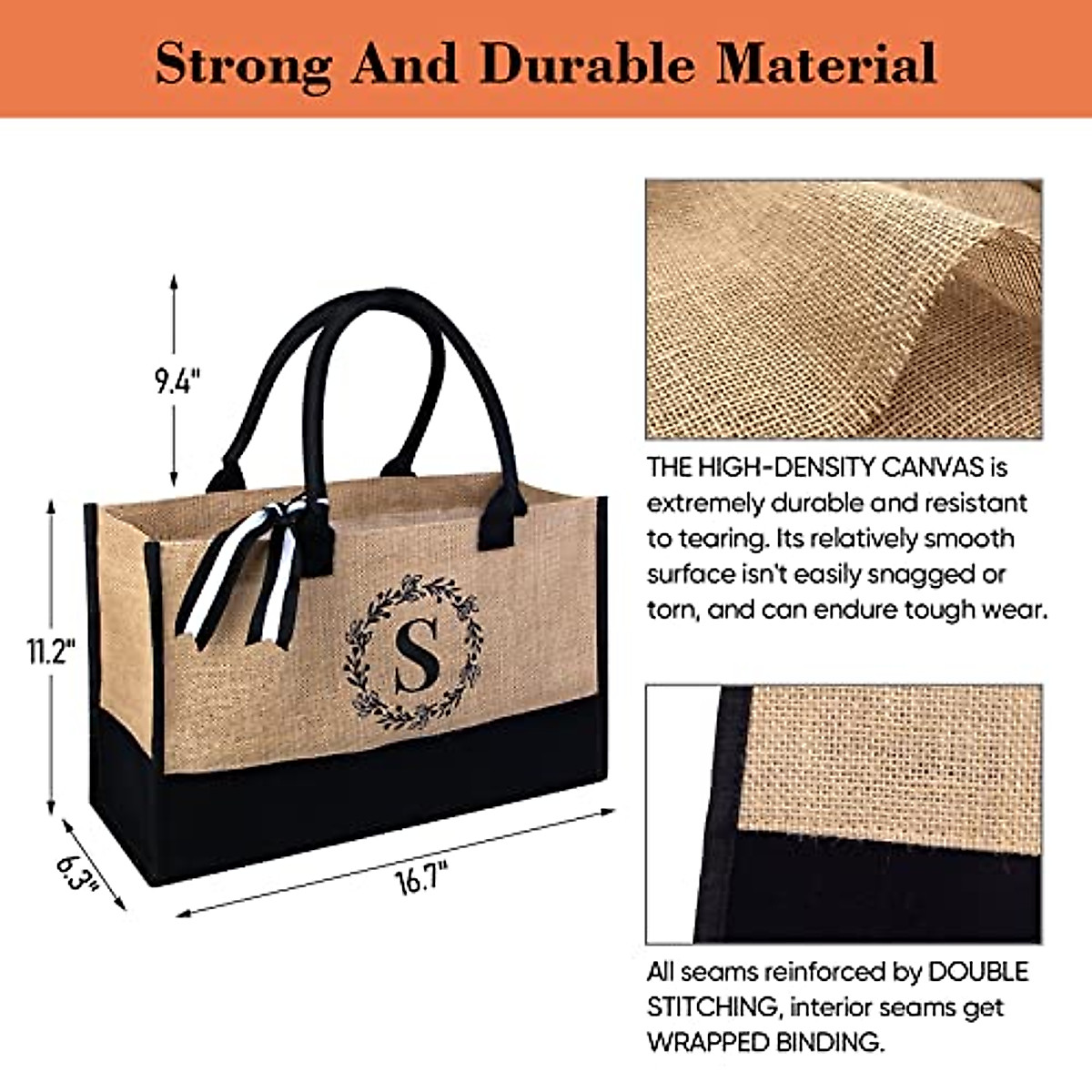 GIFTOXO Jute/Canvas Tote Bag For Women, Personalized Initial Tote Bag for Wedding Beach Birthday, Monogrammed Gift for Her (B)