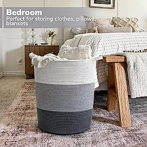 INDRESSME 17¾ x 15¾ x 13¾ inches Grey Baby Laundry Basket Thread Cotton Rope Basket Toy Storage Basket Organizer Tall Woven Basket Blanket Storage Baby Laundry Nursery Hamper for Living Room Toy Gifts