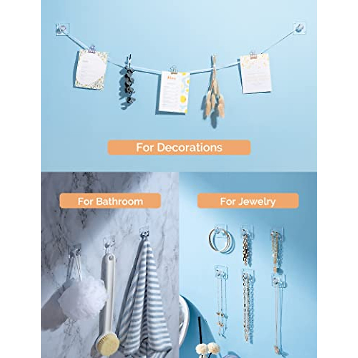 Zreal Wall Hooks for Hanging Adhesive Hooks 12-Pack, Acrylic Diamond Hooks Wall Hangers, Decorative Hooks Clear Jewelry Hooks