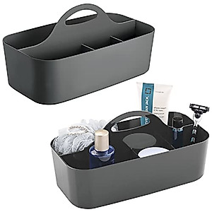 mDesign Plastic Divided Shower Organizer Basket Caddy Tote with Handle - Storage for Bathroom or Dorm - Holds Hand Soap, Shampoo, Sponges, Scrubs, and Body Wash - Lumiere Collection, 2 Pack, Dark Gray