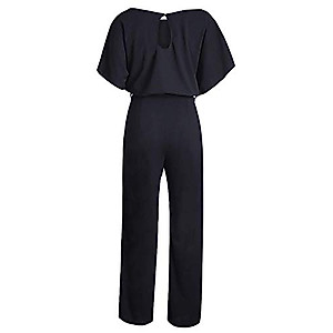 Happy Sailed Women Casual Loose Short Sleeve Belted Wide Leg Pant Romper Jumpsuits Medium Black