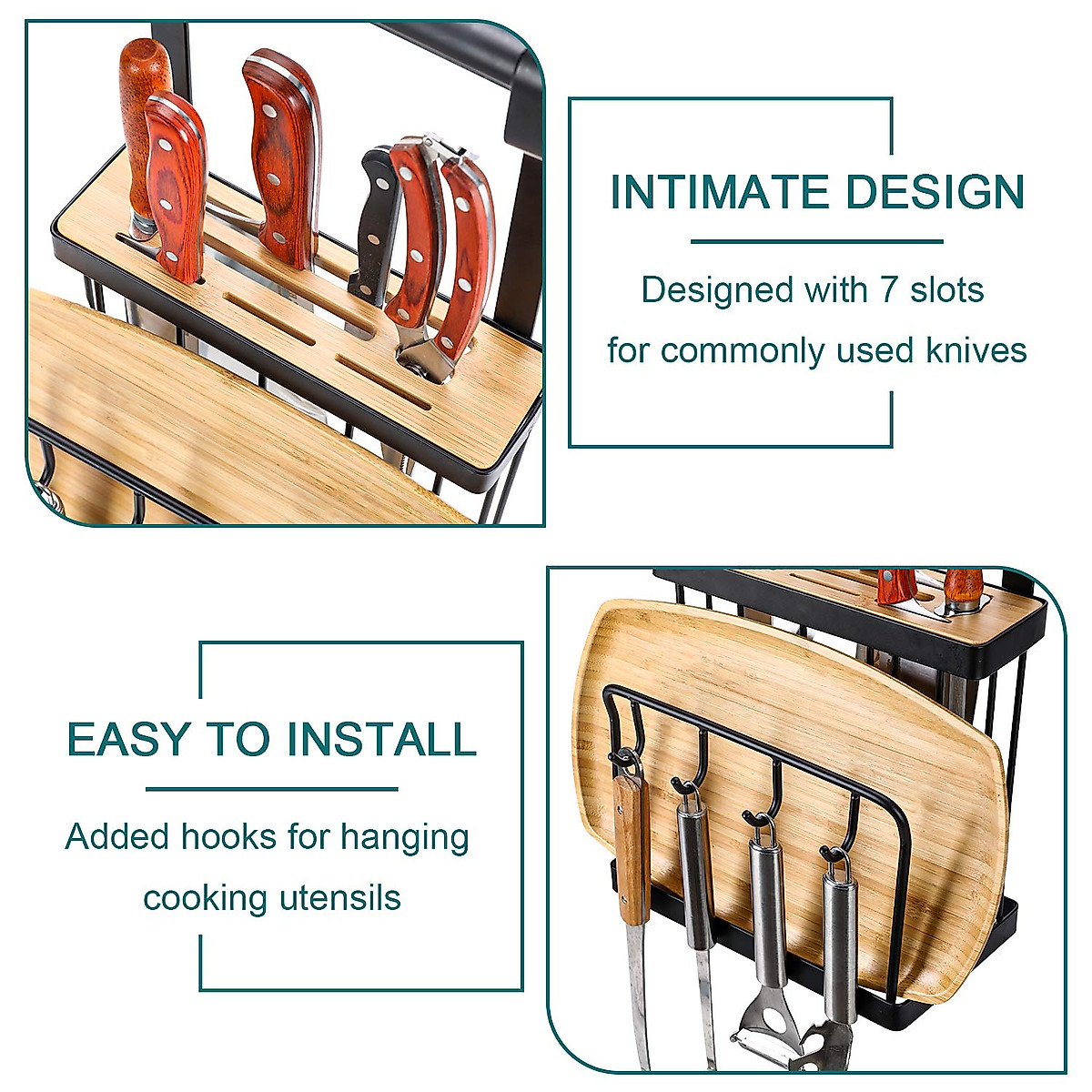 Eastore Life Hanging Knife Holder with 4 Hooks, Knife Block with Cutting Board Holder, Stainless Steel in Black Finish, Hanging Rod Included, Easy to Install