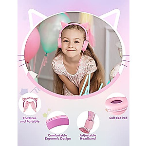 SIMJAR Cat Ear Kids Headphones with Microphone for School, Volume Limiter 85/94dB, Wired Girls Headphones with Foldable Design for Online Learning/Travel/Tablet/iPad (Pink)