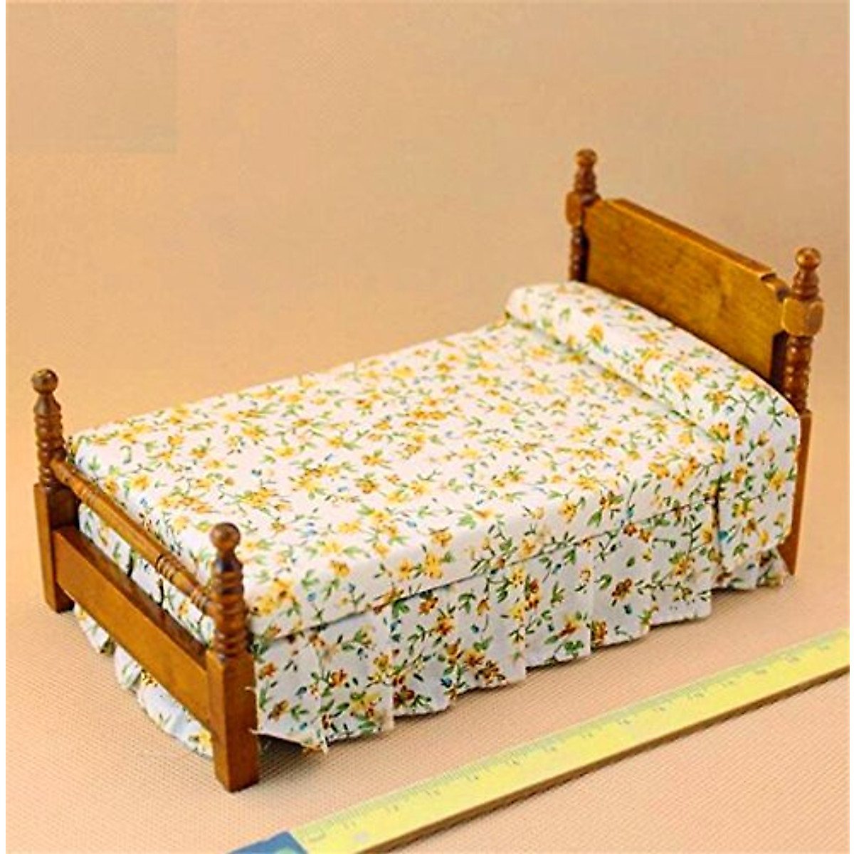 EatingBiting（R） 1:12 Doll Vintage Flower Print Bed, Dollhouse Miniature Furniture Wooden Single Bed Traditional Flower Bed, DIY Scene Doll Home Furniture Craft Accessoreis