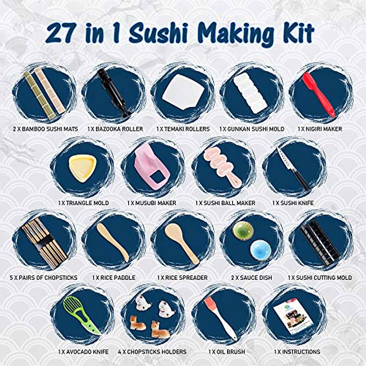 FUNGYAND Sushi Making Kit, 27 Pcs Pro Sushi Kit Includes Bazooka Roller, Cutting Mold, Bamboo Mats, Musubi Maker, Nigiri Mold, Sushi Knife, Chopsticks, Sauce Dishes, & More All-in-One DIY Sushi Gift