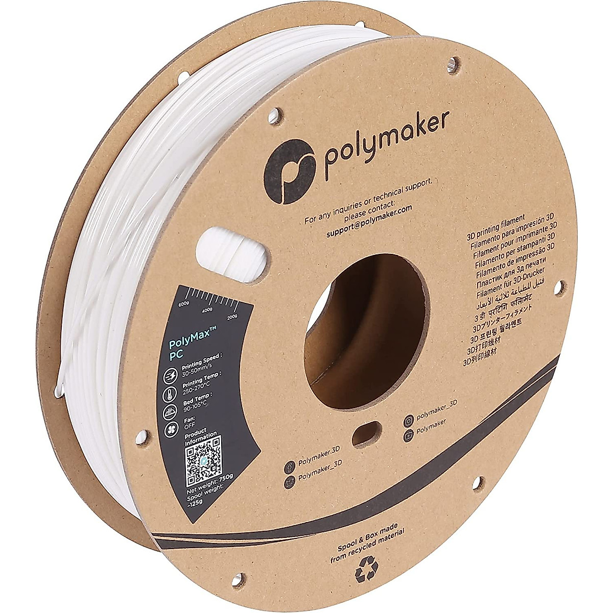 Polymaker Polymax Tough PC Filament 3mm, White Polycarbonate Filament 2.85mm 750g - Polymaker PolyMax White PC Filament 3D Printer Polycarbonate Filament PC Max, Tough & High Heat Resistant