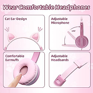 AKZ CN COM Kids Headphones, Cat Ear Headphones with Microphone for Children Boys & Girls, Wired Headset with 3.5mm Jack for Online Learning, Home, Chromebook, Travel, Tablet