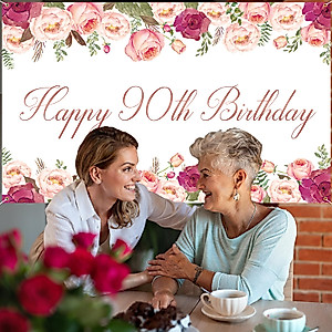 Vlipoeasn Elegant White Happy 90th Birthday Decorations for Women Rose Gold Flower Peony Photography Backdrop for 90th Birthday Party Surprise for Mother Cheers to 90 Years Old Birthday Party Supplies