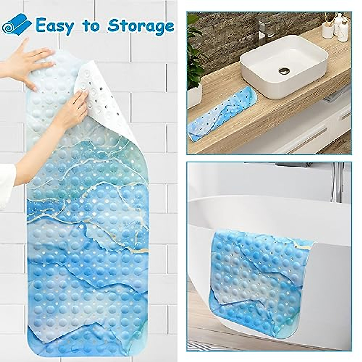 Topotdor Abstract Bathtub Mat Non Slip for Shower Tub, 40 X 16 Inch Extra Long Bath Mat for Adults & Kids, Blue Marble Shower Floor Mat with Suction Cups & Drain Holes, Machine Washable