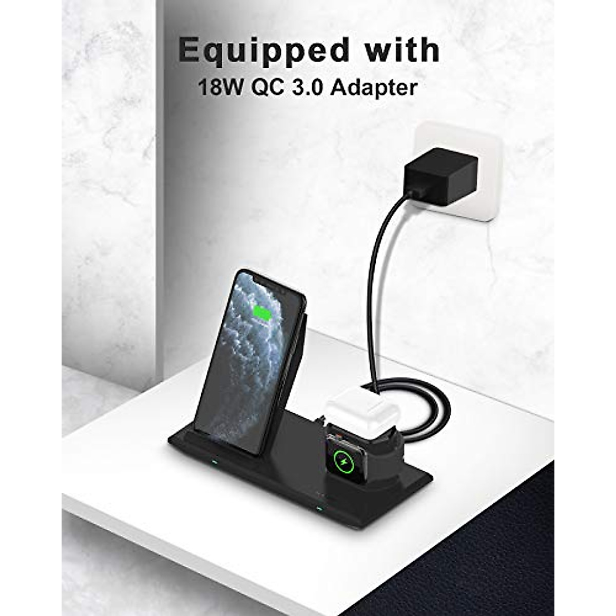 Wireless Charger - NANAMI 3 in 1 Fast Wireless Charging Station for Apple Watch Series 5/4/3/2/1,AirPods Pro, iPhone 15/14/13/12/11/XS/XR/X,Galaxy S24/S23/S22/S21/S20/S10/S9/Note 20(with 18W Adapter)
