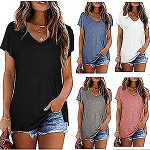 wodceeke Women's Short-Sleeved V-Neck Plain T-Shirt Casual Loose Basic Tee Summer All-Match Blouse Tops (White, L)