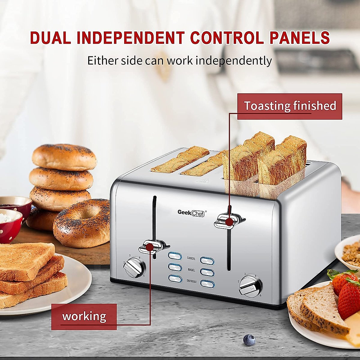 Toaster 4 Slice, Geek Chef Stainless Steel Toaster with Extra Wide Slots, 4 Slot Toaster with Bagel/Defrost/Cancel Function, Dual Control Panel of 6 Toasting Bread Shade Settings, Removable Crumb Trays, High Lift Lever, ETL