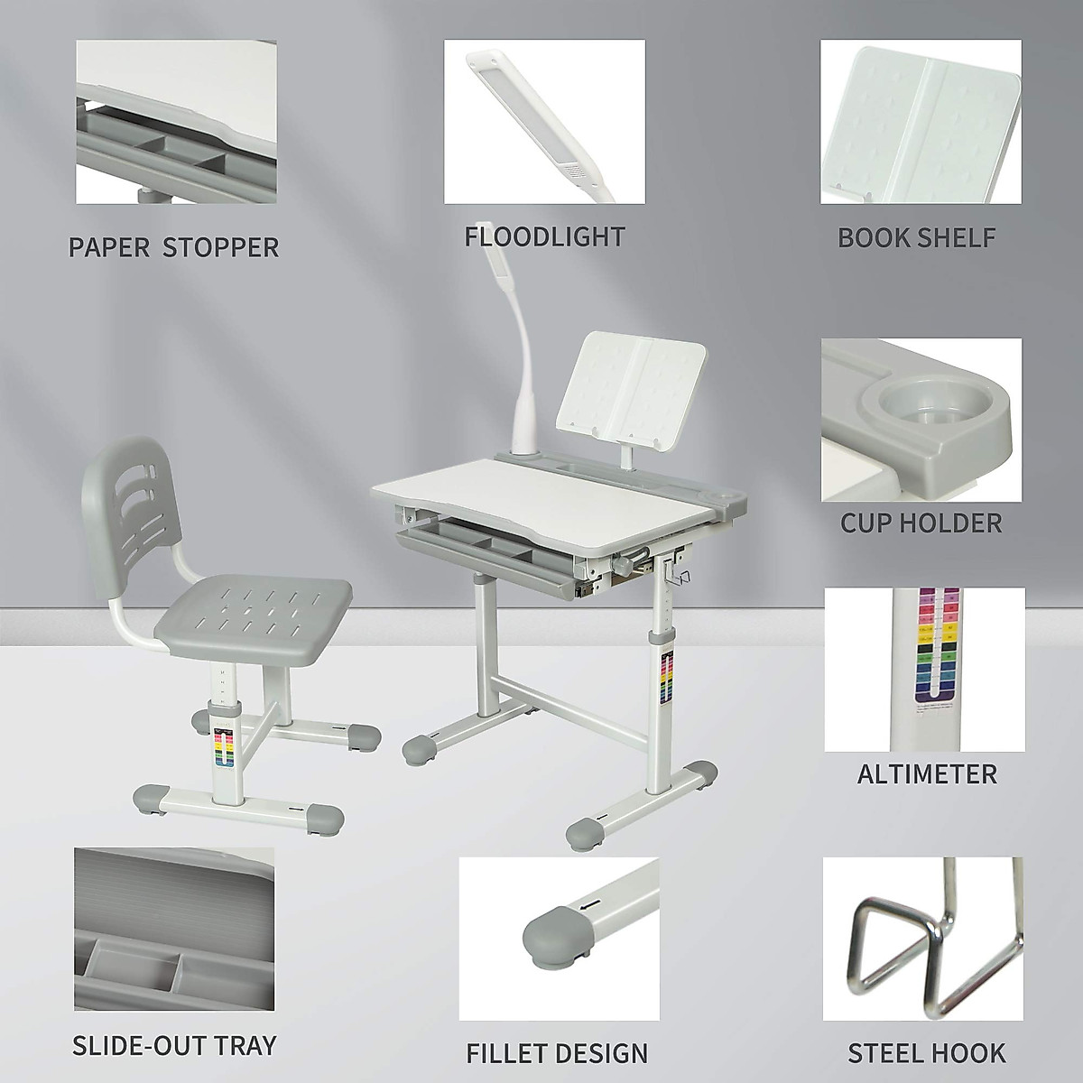 Diroan Kids Desk and Chair Set, Multi-Functional Height Adjustable Children School Study Desk with Storage, Tilt Desktop, LED Light, Book Stand & Metal Hook for Boys Girls, Pink