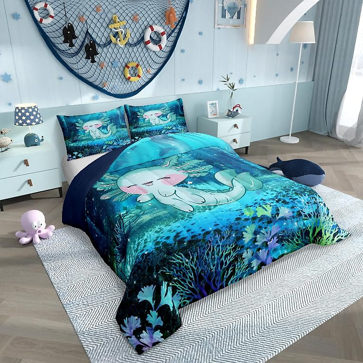 Manfei Cartoon Axolotl Twin Size Comforter Set,Cute 3D Ocean Animal Quilt Set Soft Bed Collection,Blue Seaweed Plant Bedding Comforter for Boys Girls Kawaii Bedroom Decor,2 Pcs