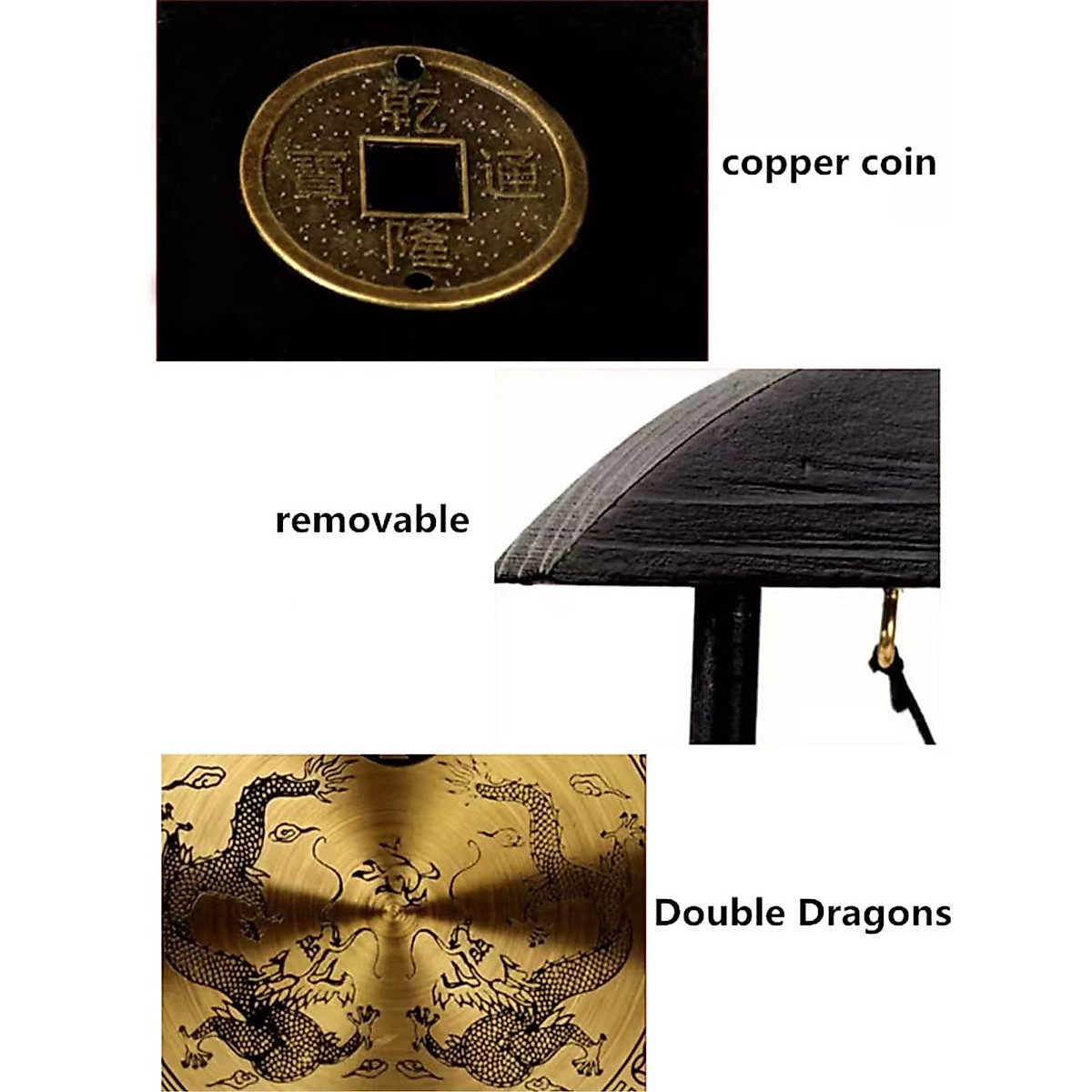 Chinese desktop gong Fengshui Mini table top gong Attached mallet Chan sect Musical Instruments Family decorations Holiday gifts Attached red rope bracele (Double Dragons)