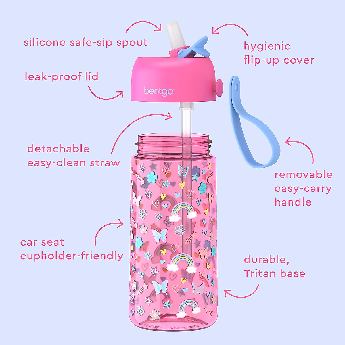 Bentgo Kids Water Bottle - Leak-Proof, Durable Tritan, BPA-Free 15 oz. Cup for Kids/Toddlers Ages 3+, Safe Sip Spout, Carrying Handle, & Dishwasher Safe for School & Sports (Rainbows & Butterflies)